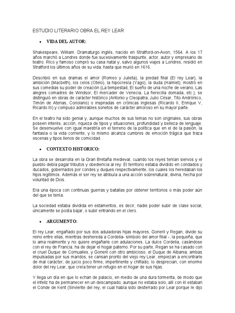 Análisis de El Rey Lear de Shakespeare | PDF | Rey Lear | William ...