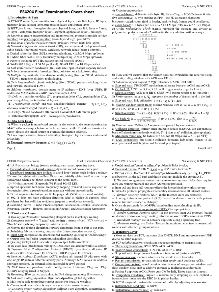 EE4204 Computer Networks Final Exam Cheat Sheet | PDF | Transmission Control Protocol | Routing
