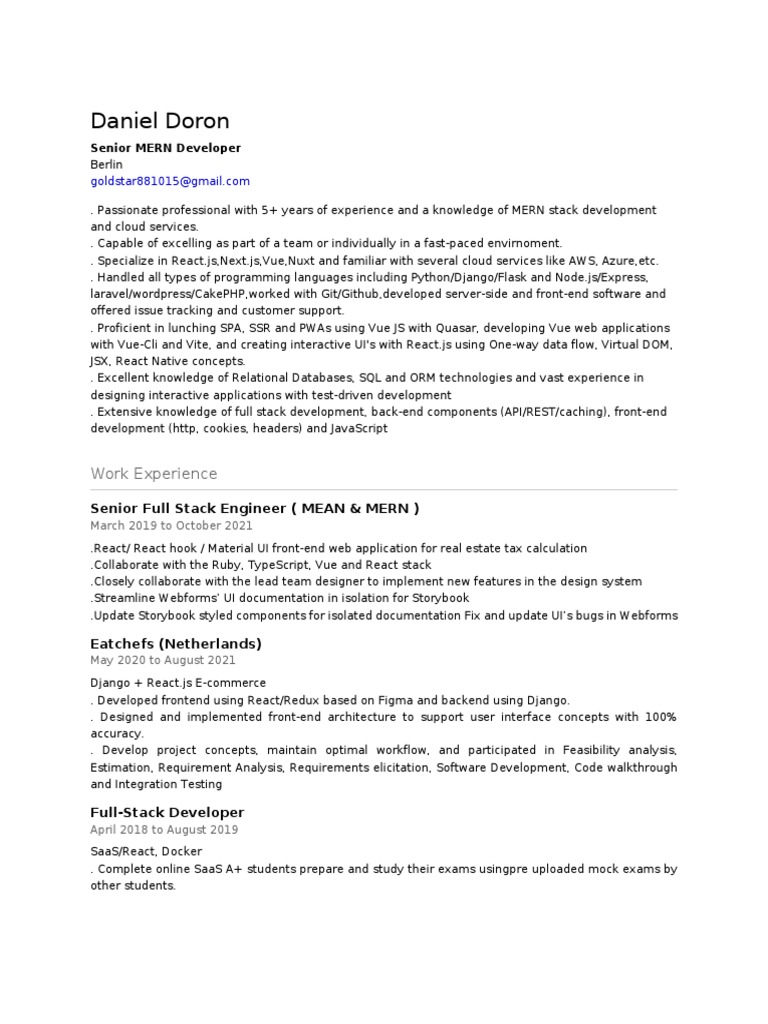 Daniel Doron: Work Experience | PDF | Web Application | Databases