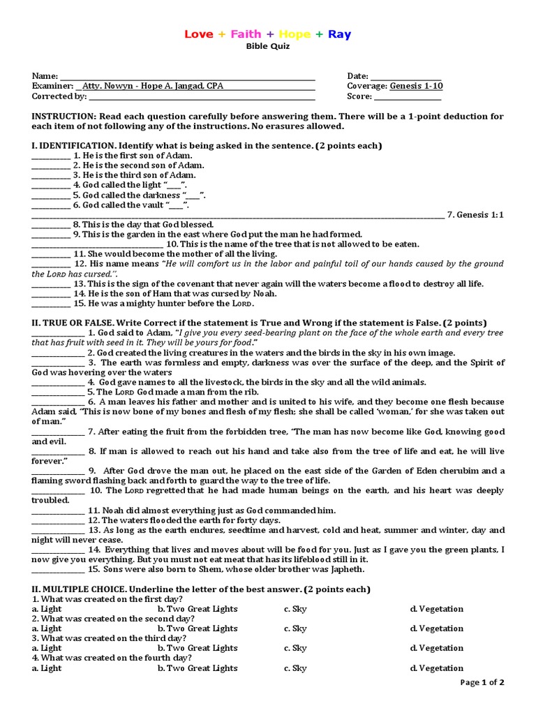 Sample Exam | PDF | Noah | Adam