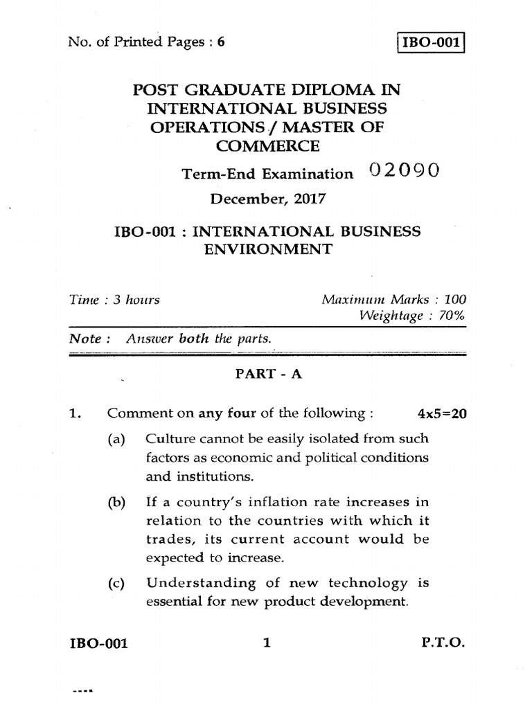 Time: 3 Hours Maximum Marks: 100 Weightage: 70% Answer The Parts | PDF | Trade | Foreign Direct ...