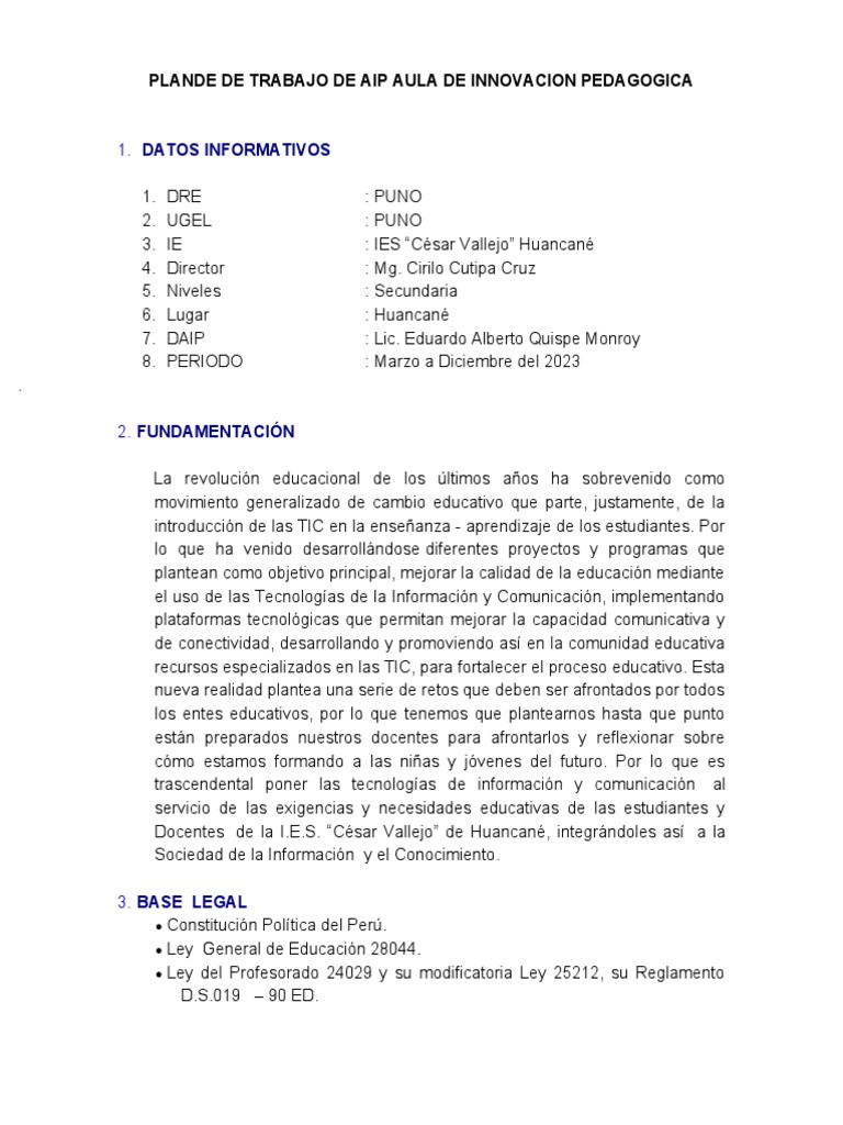 Plande de Trabajo de Aip Aula de Innovacion Pedagogica | PDF ...