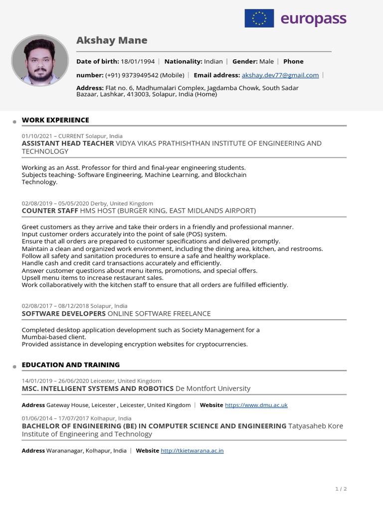 Akshay Mane CV - Software Engineer India details contact experience ...