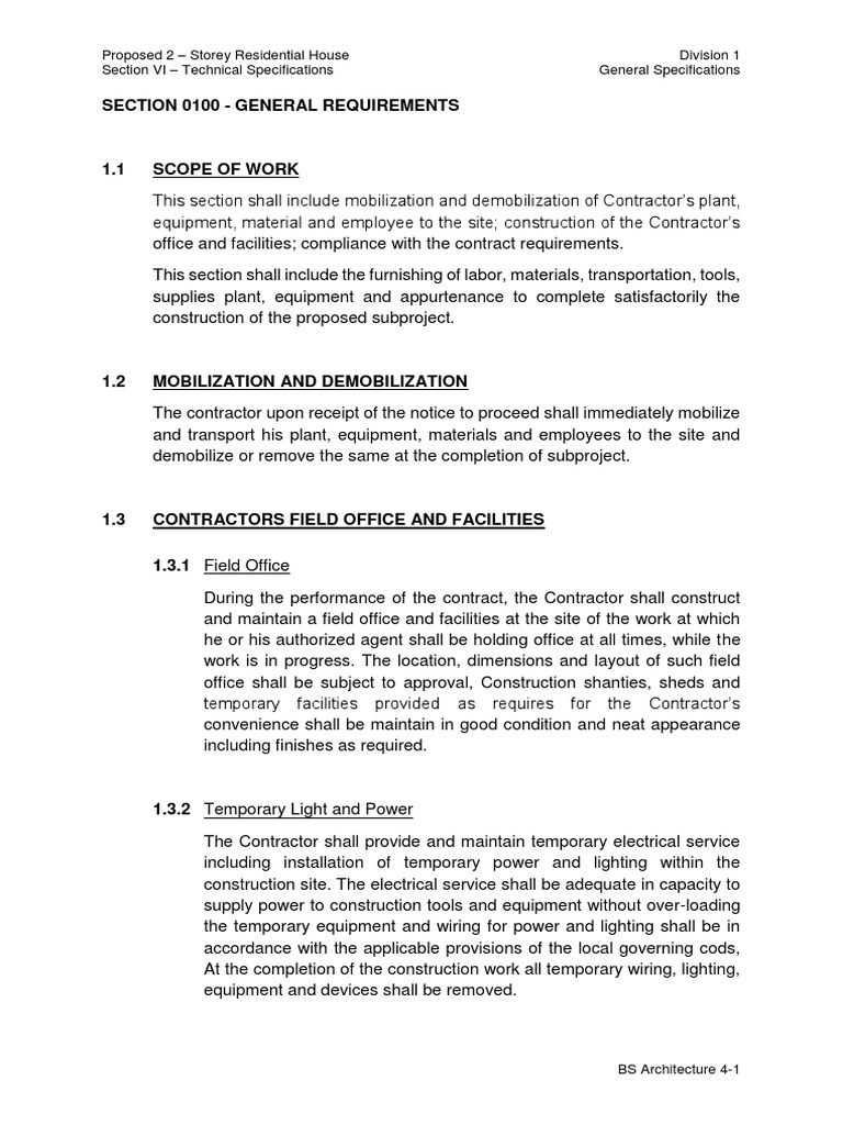 Techinical Specification Division 1 | PDF | Specification (Technical Standard) | General Contractor