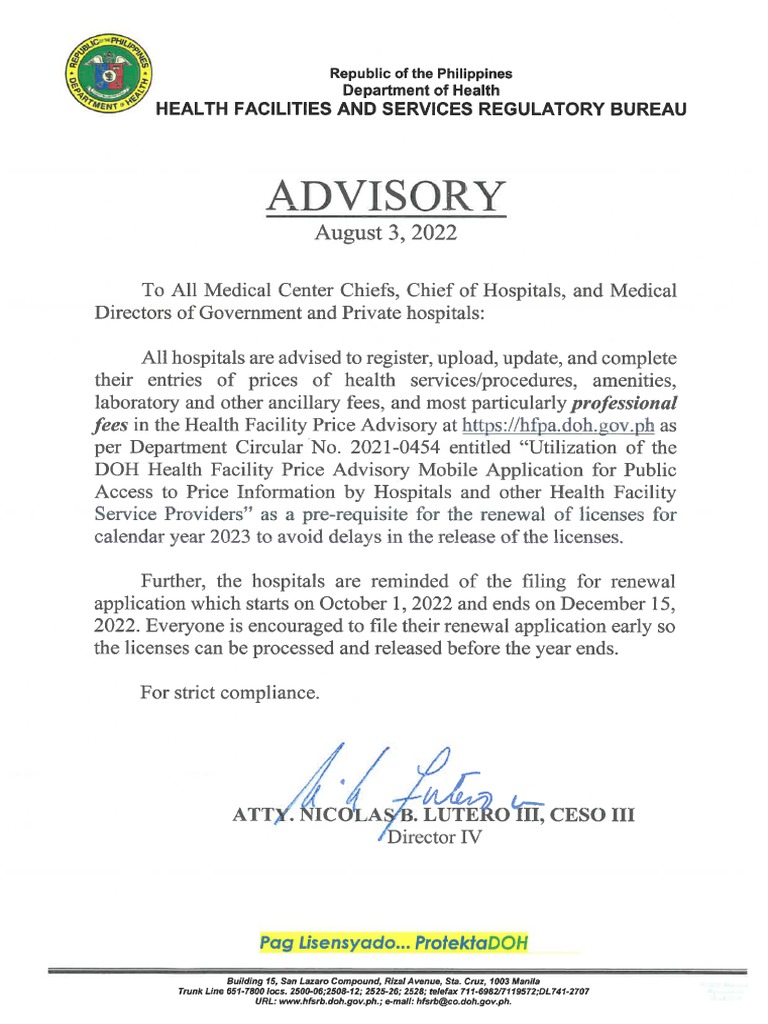 Doh Health Facility Price Advisory-08032022-1 - 2 | PDF