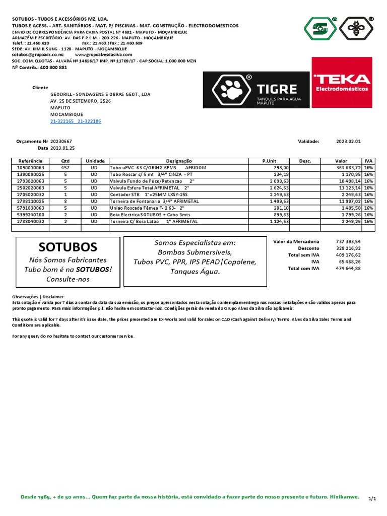 Orçamento SOTUBOS - Tubos e Acessórios | PDF