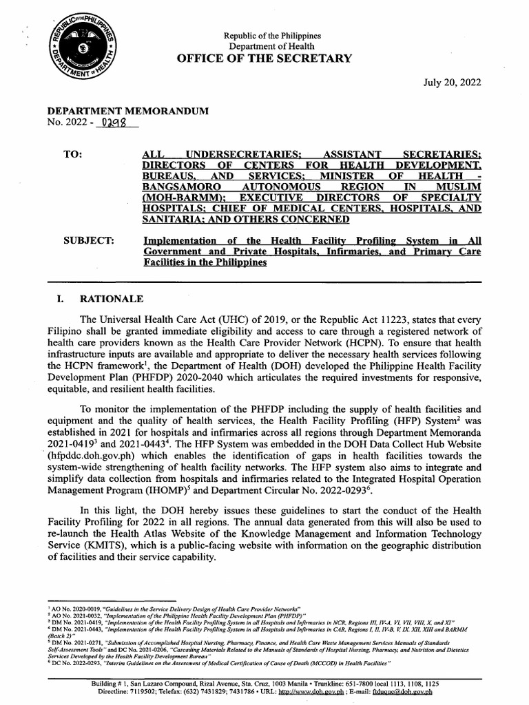 DM No. 2022-0298 Implementation of The HFP System in All Government and Private Hospitals ...