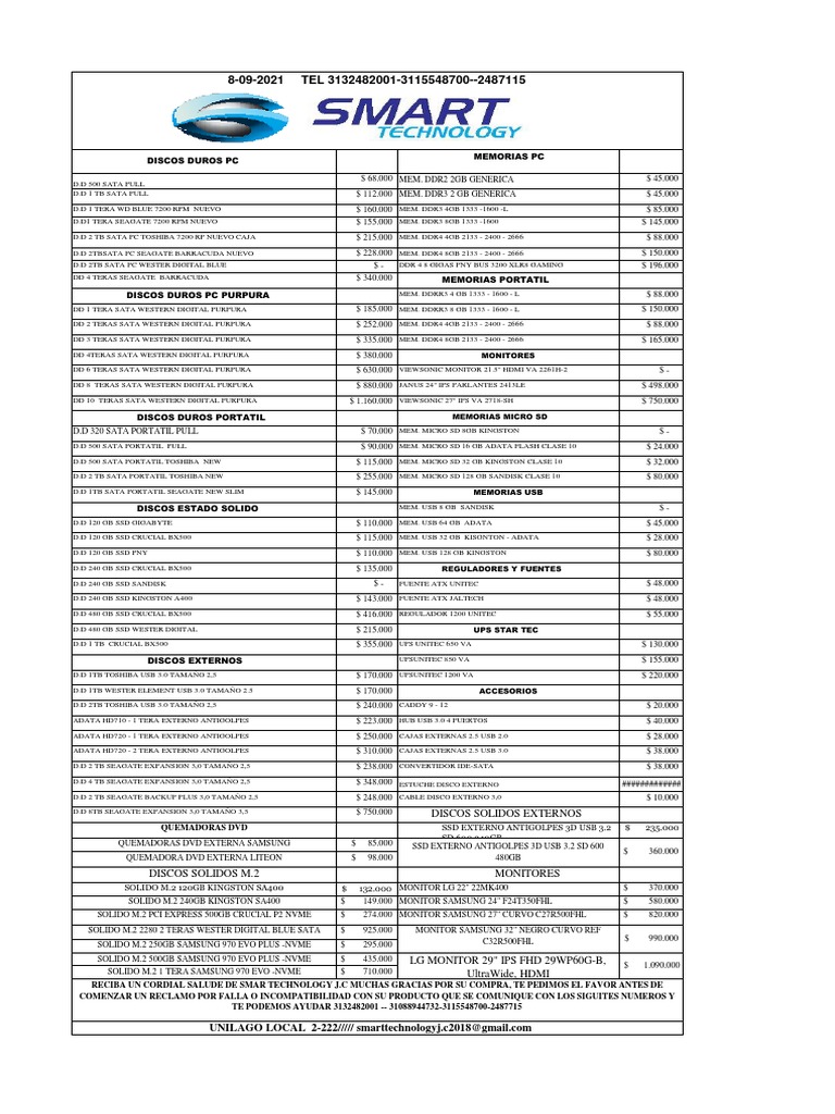 Lista de Precios Distribuidor Smart Technology | PDF