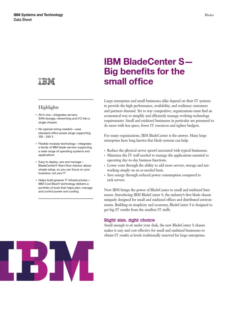 Ibm Bladecenter S - Big Benefits For The Small Office: Highlights | PDF ...