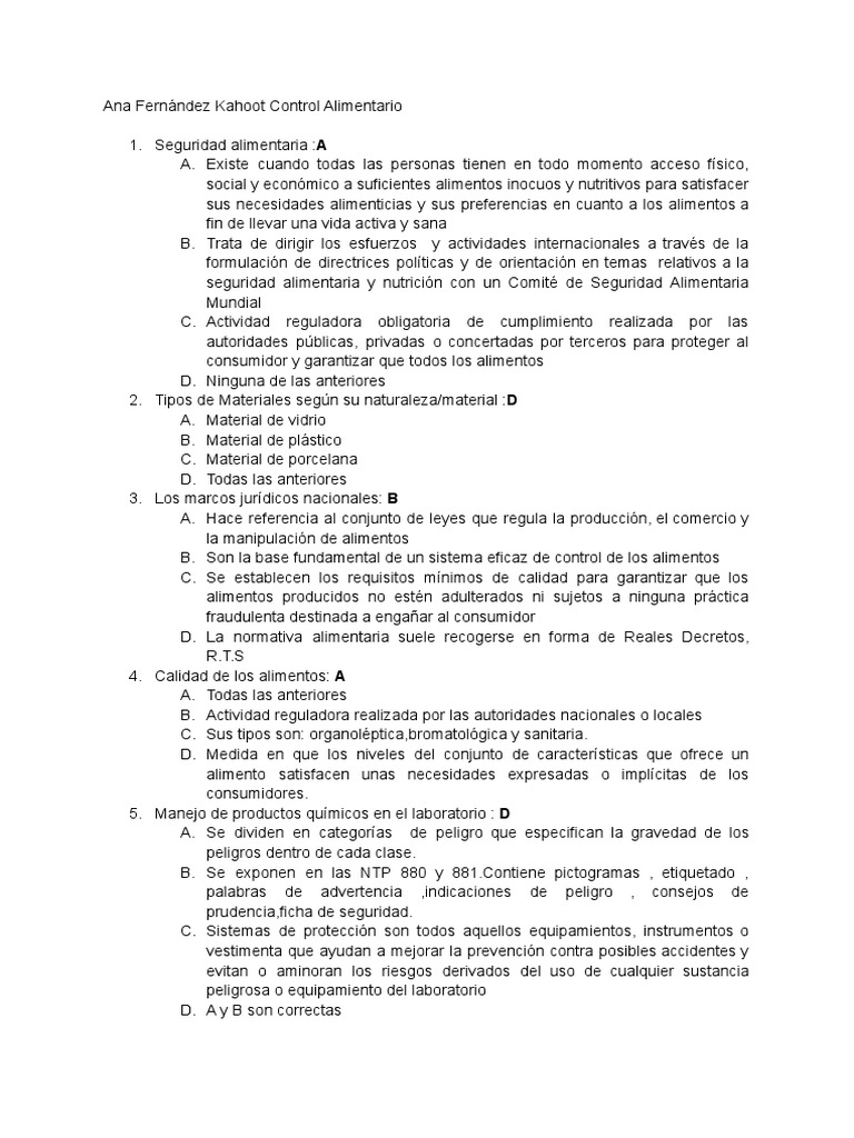 Kahoot Control Alimentario | PDF | Seguridad alimenticia | Alimentos