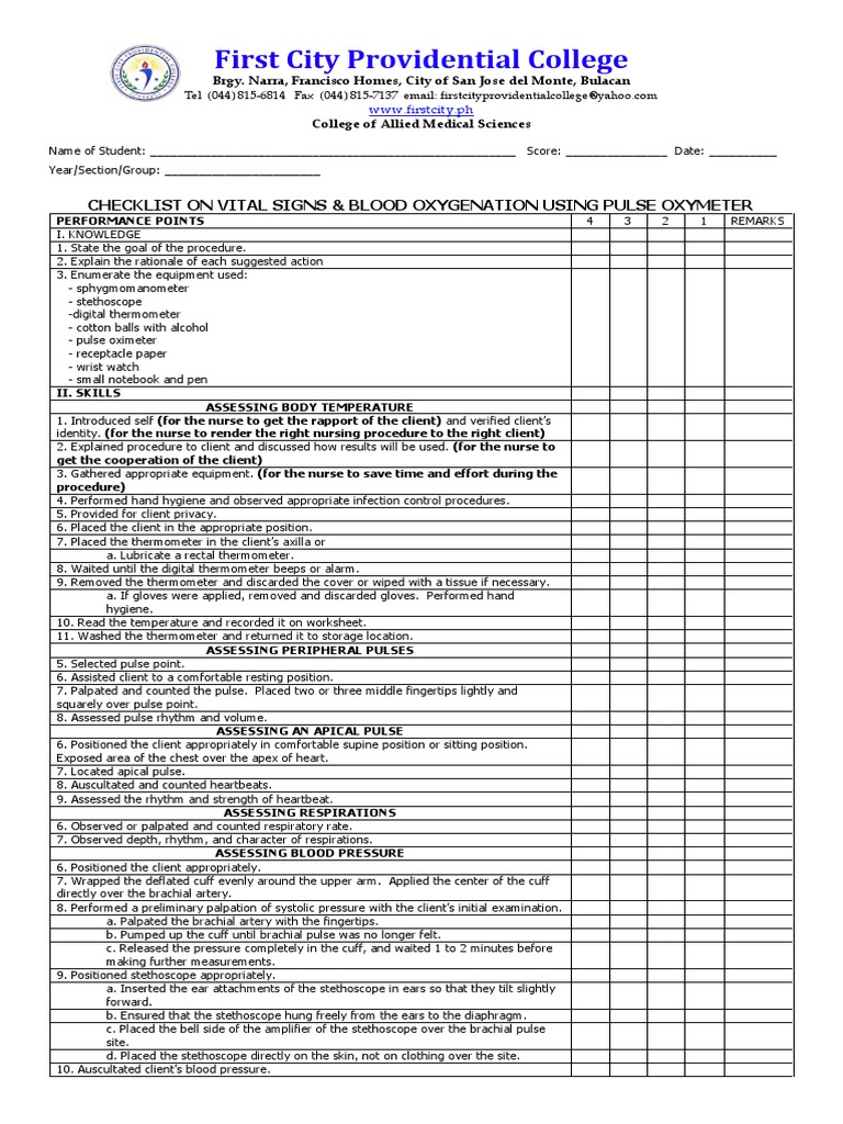 Vital Signs & Oxygenation Checklist | PDF | Pulse | Physiology