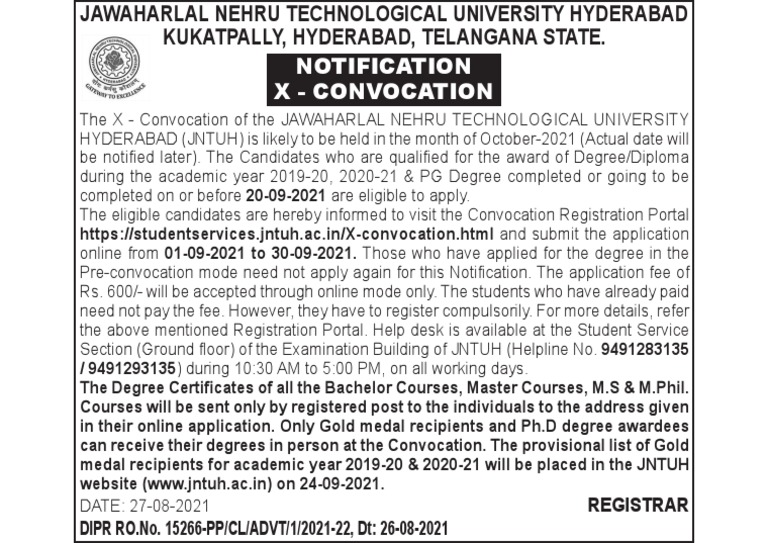 Jntuh X-Convocation - Notification | PDF