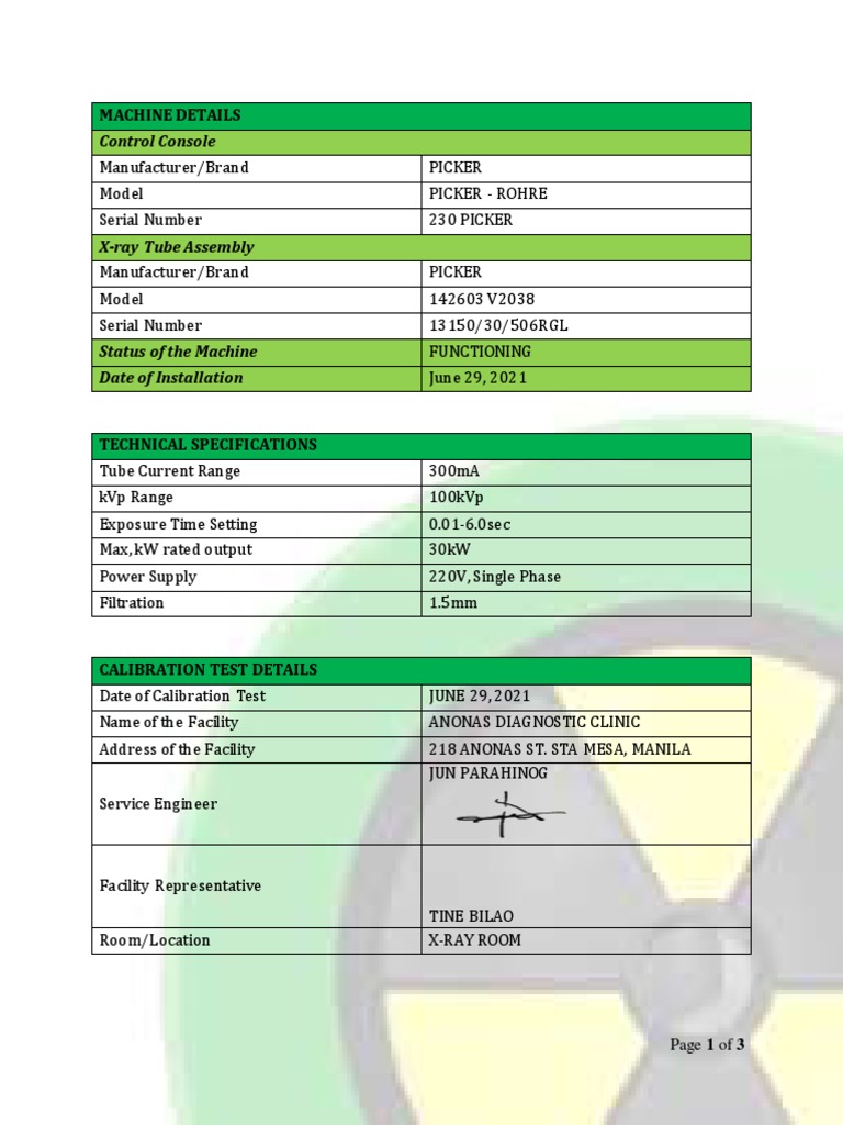 Installation and Calibration of Newly Installed X-Ray Machines - Anonas ...
