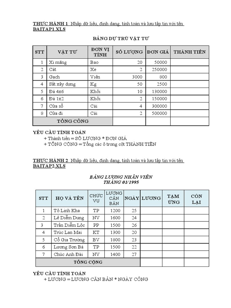 EXCEL. Bai Tap Trinh Do A | PDF