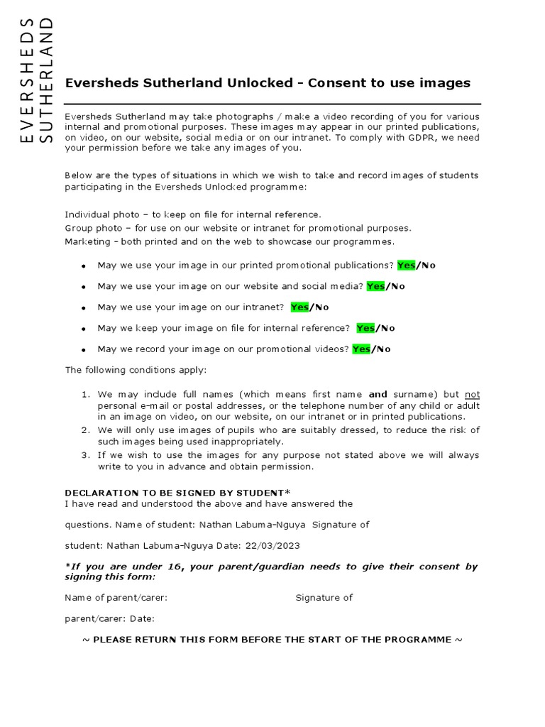 Eversheds Sutherland Media Consent Form | PDF