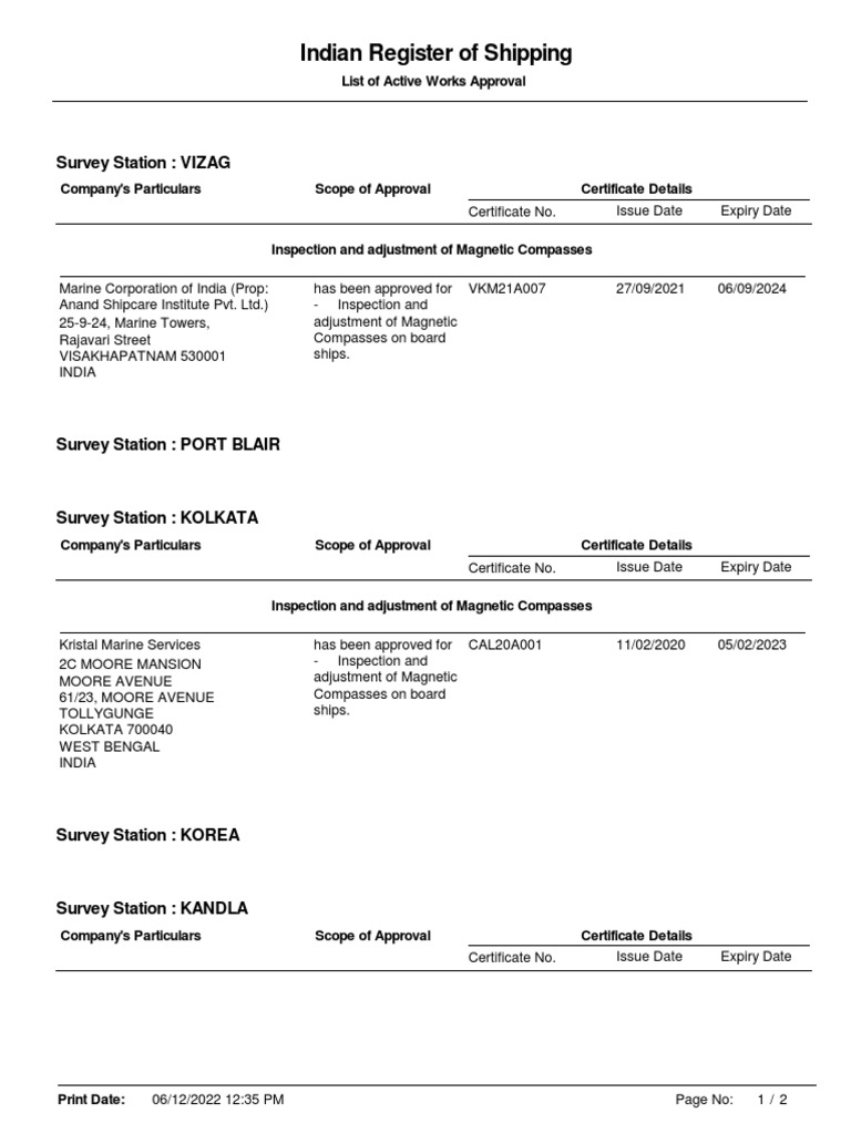 Irclass Approved Magnetic Compass Inspection and Adjustment | PDF