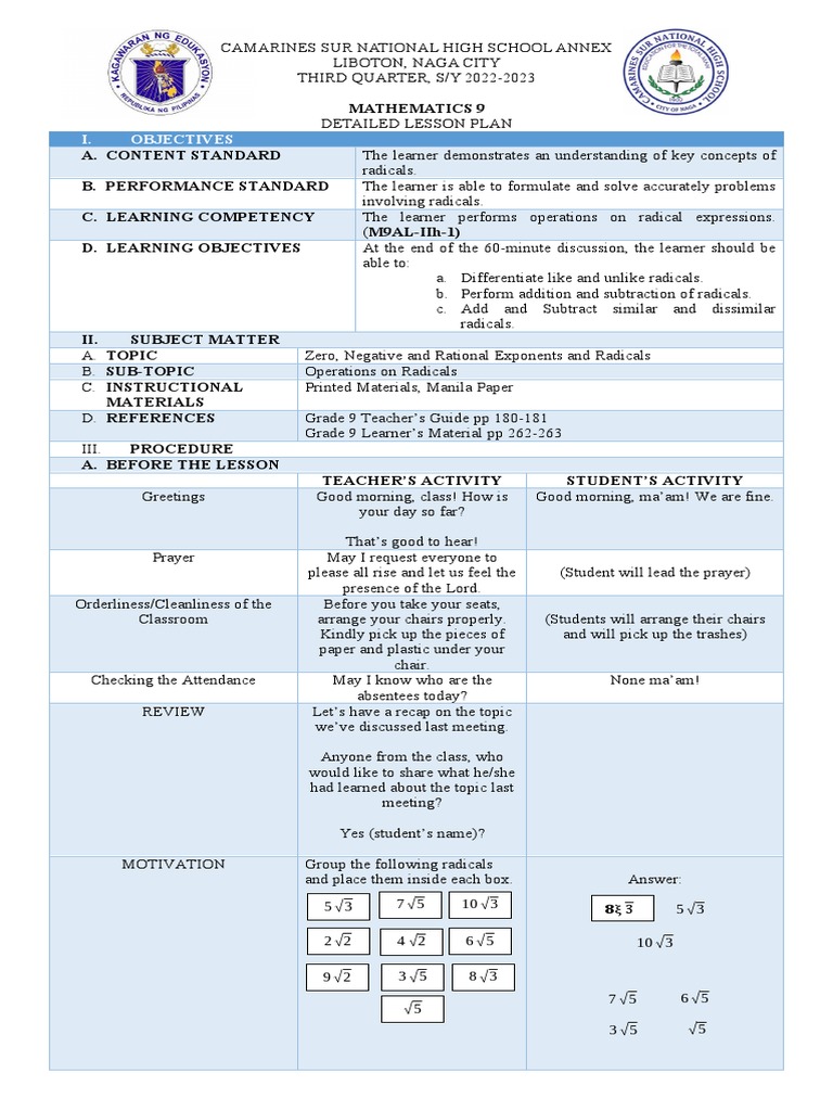 Performs Operations On Radical Expressions | PDF | Learning | Teachers