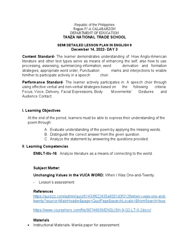Lesson Plan Pdf Learning Lesson Plan