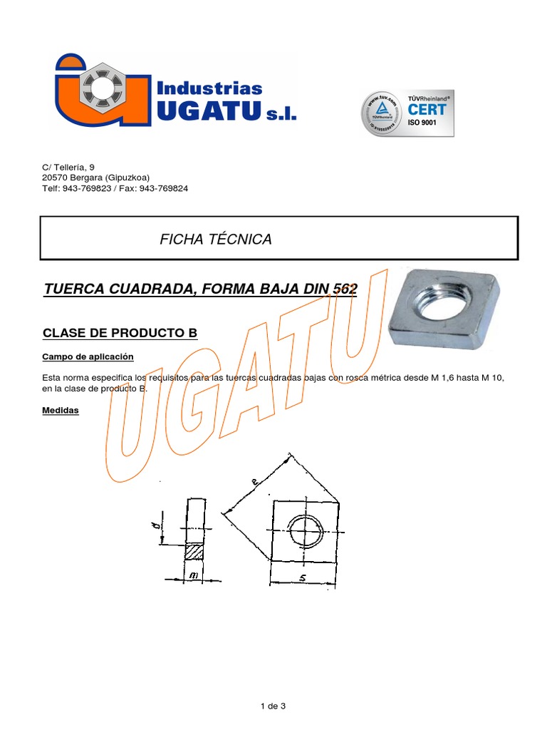 Ficha Técnica: Tuerca Cuadrada, Forma Baja Din 562 | PDF