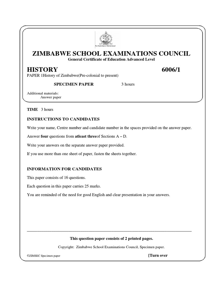 6006q1history A Level Speciman Paper | PDF | Zimbabwe | Colonialism