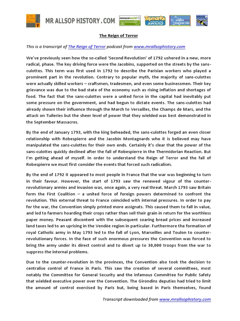 The Reign of Terror Explained | PDF | Reign Of Terror | Maximilien ...
