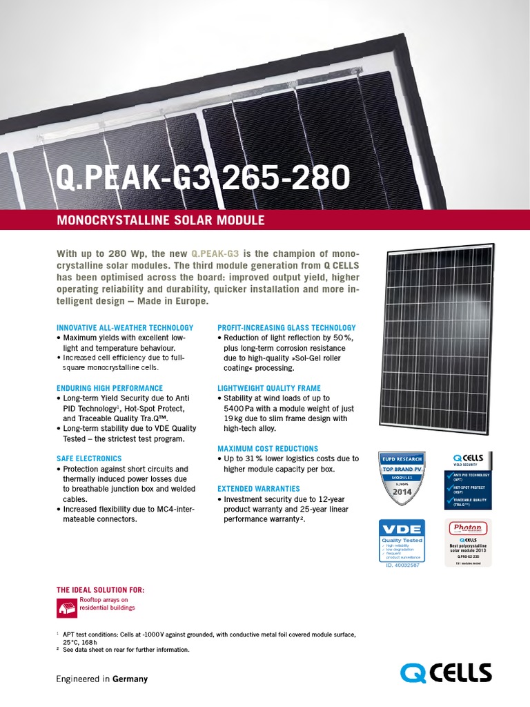 Hanwha Q CELLS Data Sheet QPEAK-G3 265-280 | PDF | Solar Panel ...