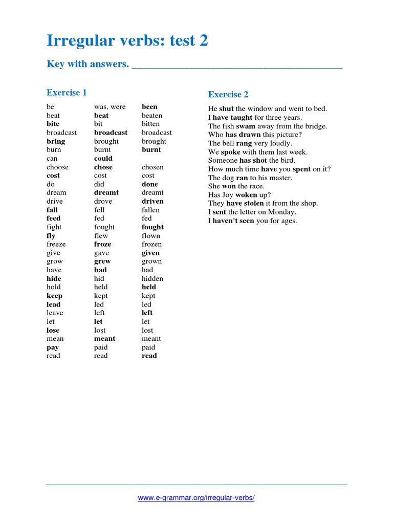 Irregular Verbs Test with Answers PDF | PDF