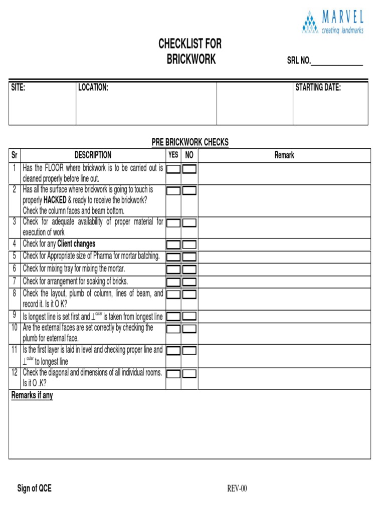 Checklist For Brickwork | PDF | Brick | Masonry