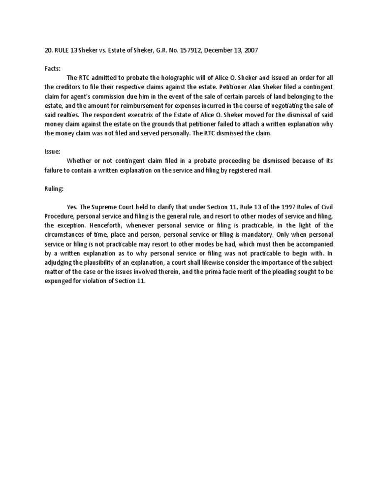 20 RULE 13 Sheker Vs Estate of Sheker, G R No 157912, December 13 | PDF