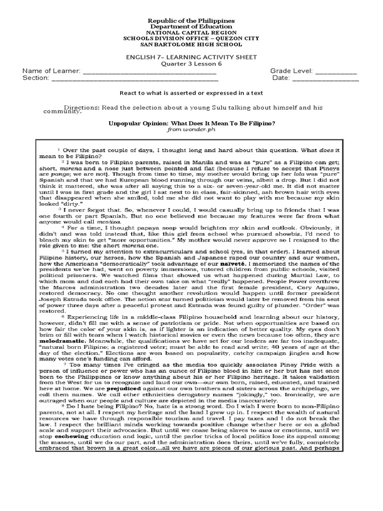 LAS 3rd QTR - Lesson 6 | PDF | Philippines | Cognitive Science