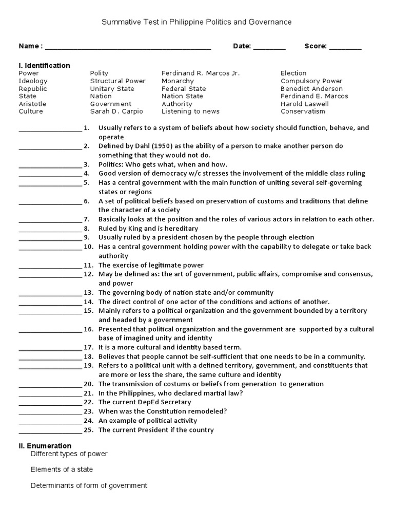 Philippine Politics and Governance Test | PDF | State (Polity) | Government
