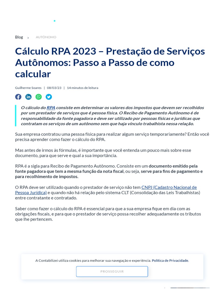 Cálculo RPA 2023 - Prestação de Serviços Autônomos | PDF | Impostos ...