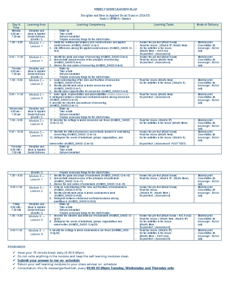 WEEKLY-HOME-LEARNING-PLAN - GRADE12 DIASS Final | PDF | Modularity | Communication