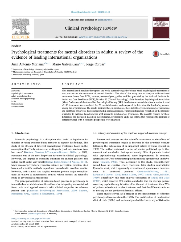 Psychological Treatments For Mental Disorders in Adults: A Review of ...
