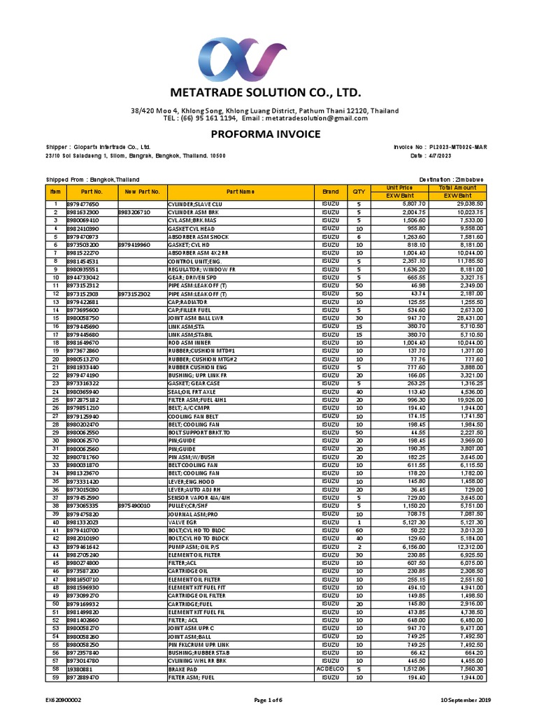 Proforma Invoice for Isuzu Parts | PDF
