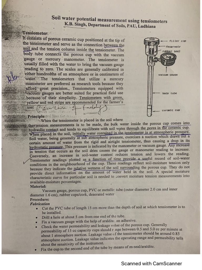 Measurement of Soil-Water Potential Using Tensiometers | PDF