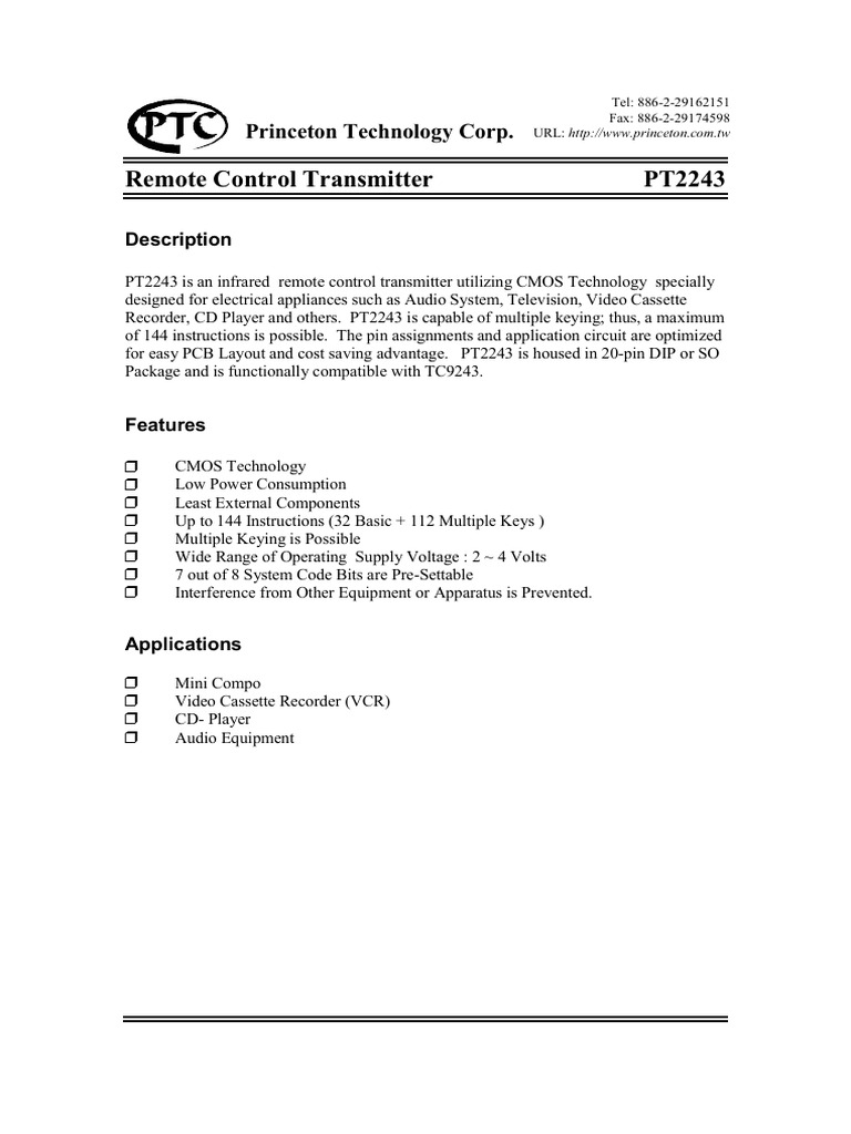 Remote Controller Transmitter pt2243 Datasheet | PDF