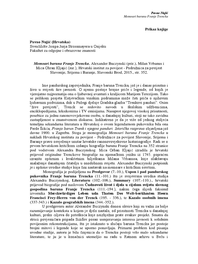 Memoari Baruna Franje Trencka, Alexander Buczynski (Prir.), Milan Vrbanus I | PDF