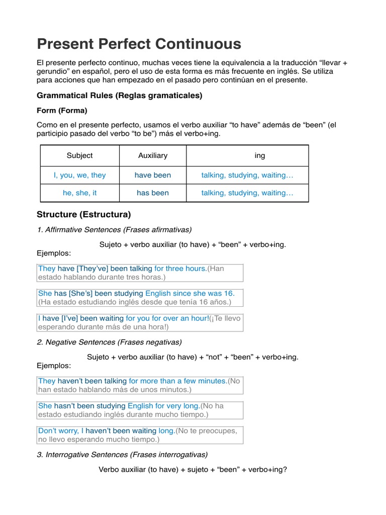 Guía del Presente Perfecto Continuo | PDF | Verbo | Mecánica del lenguaje