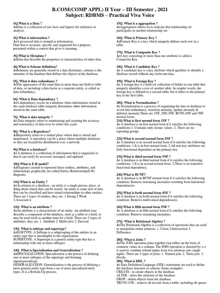 3rd SEM - RDBMS - VIVA VOICE - FEB-2021 | PDF | Relational Database | Databases