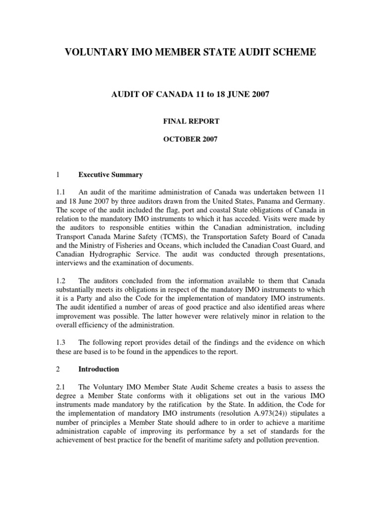 IMO Audit Canada Final report | PDF | Audit | Regulatory Compliance