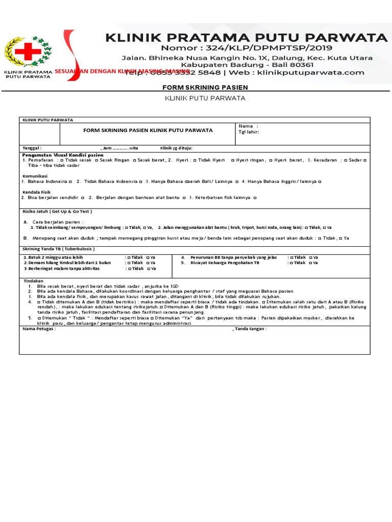 1.2 DAN 3. KP - FORM SEKRENING PASIEN - Klinik Parwata | PDF
