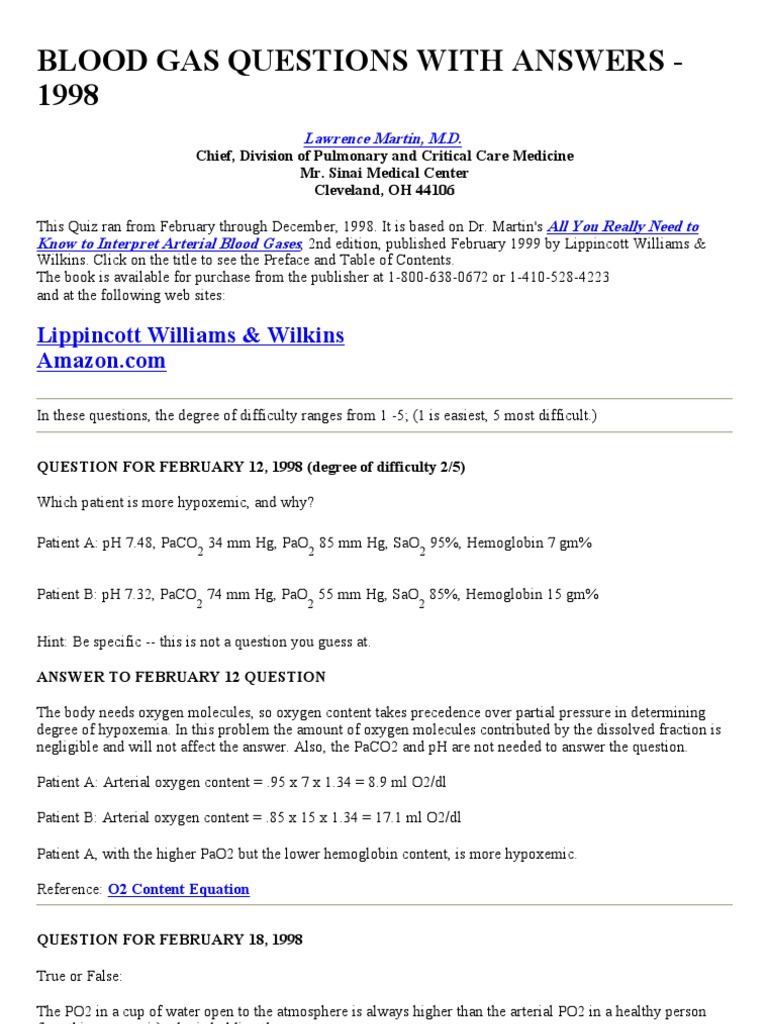 Blood Gas Questions With Answers - 1998 | PDF | Breathing | Respiratory ...