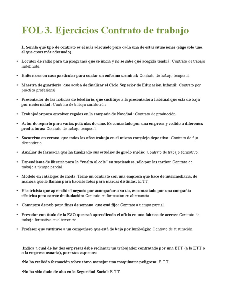 FOL 3. Ejercicios Contrato de Trabajo | PDF
