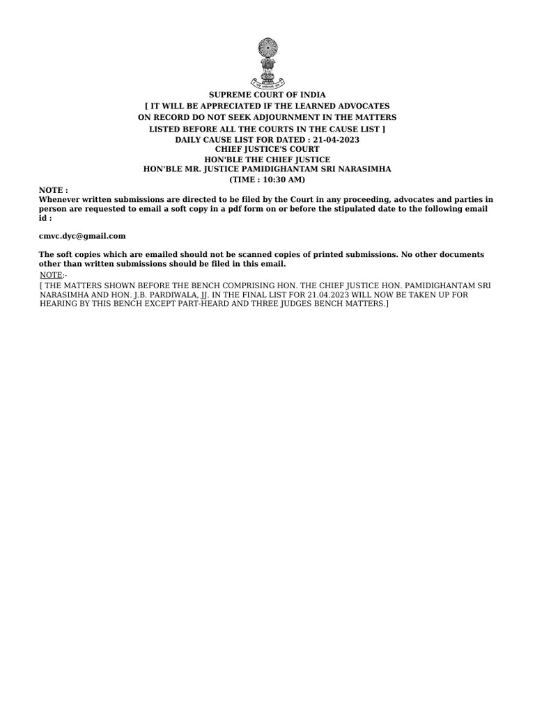 Cause List | PDF | Supreme Court Of India | Judiciaries