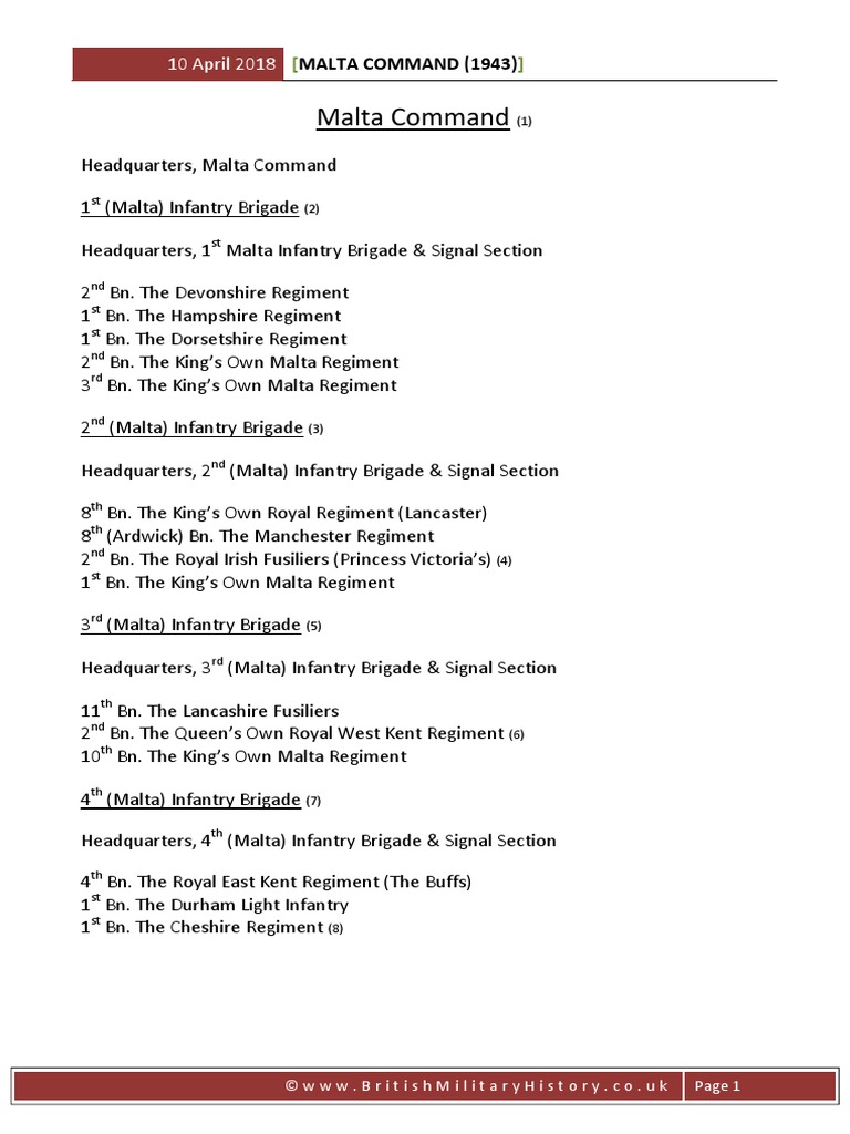 British Malta Command 1943 | PDF | Regiment | Brigade