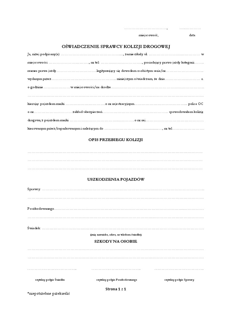 Oswiadczenie Sprawcy Kolizji Drogowej | PDF