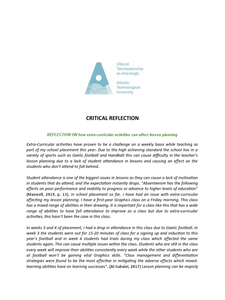SP Critical Reflection On How Extra-Curricular Activities Can Affect Lesson Planning | PDF ...