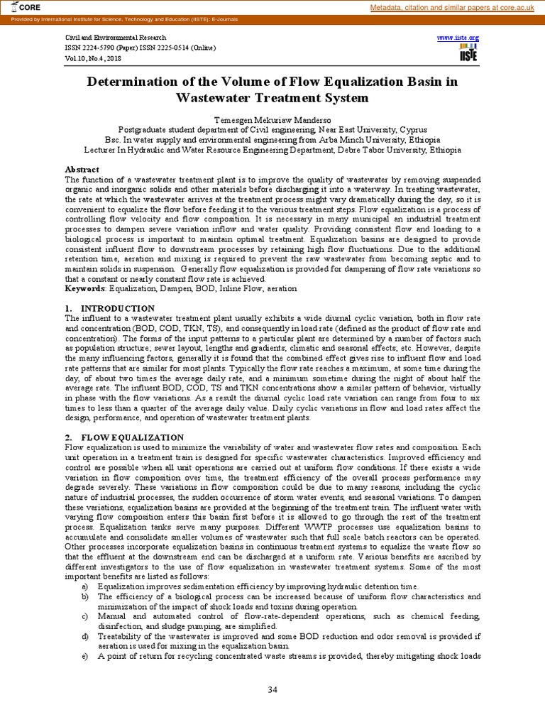 Determination of Volume of Flow Equalization Basin in Wastewater Treatment System | Download ...