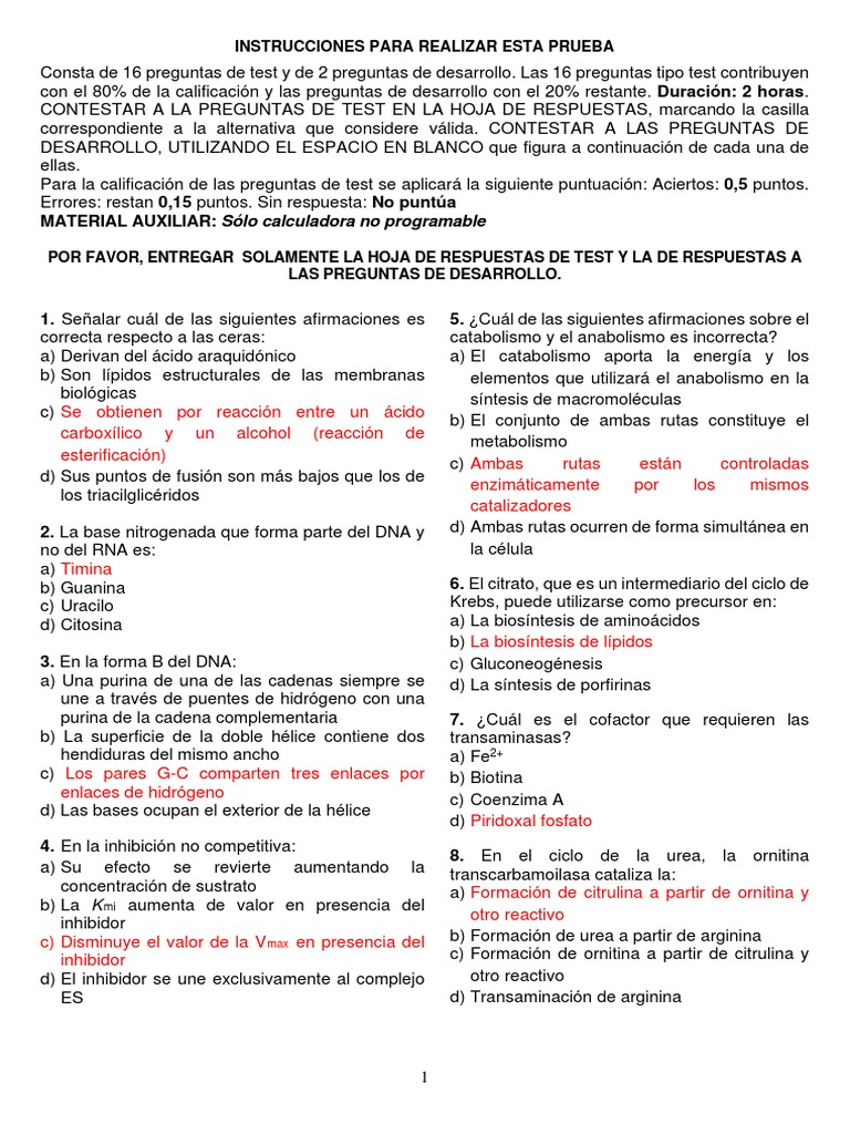 Bioquimica 1 Semanajunio 2019 Soluciones | PDF